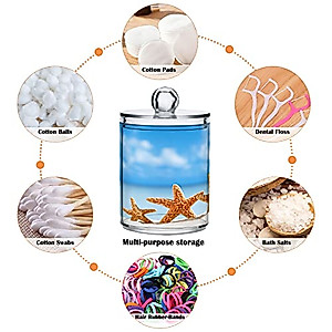 ALAZA Starfish Ocean Blue Sky 2 Pack Qtip Holder Dispenser with Lid 14 Oz Clear Plastic Apothecary Jar Containers Jars Bathroom for Cotton Swab, Ball, Pads, Floss, Vanity Makeup Organizer