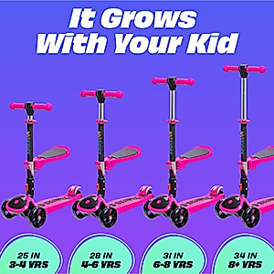 Kick Scooters for Kids Ages 3-5 (Suitable for 2-12 Year Old) Adjustable Height Foldable Scooter Removable Seat, 3 LED Light Wheels, Rear Brake, Wide Standing Board, Outdoor Activities for Boys/Girls