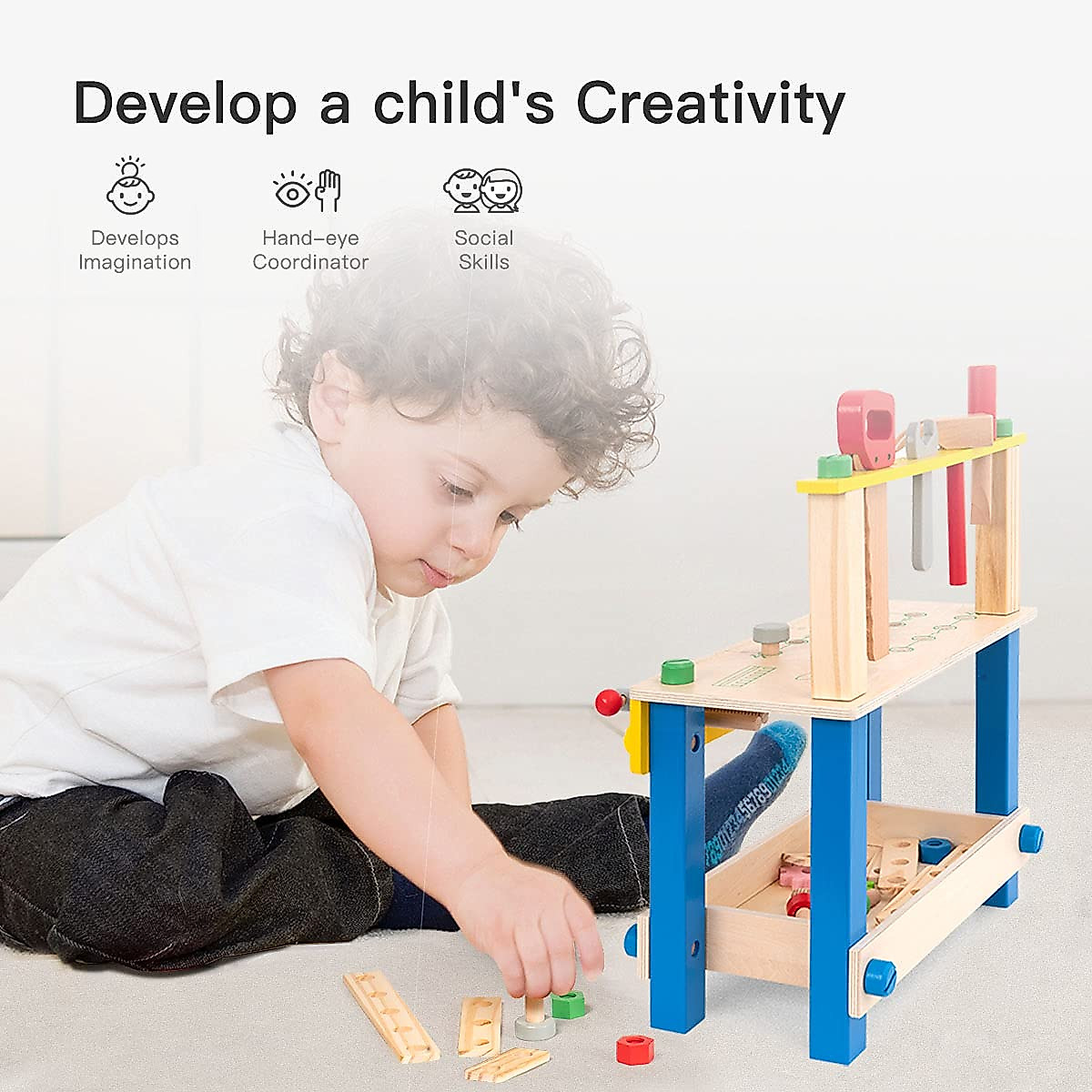 ROBUD Kids Tool Bench Small Wooden Kids Workbench Toy Tool Bench Pretend Play Construction Toy Building Tools Set for Toddlers