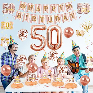 Crenics Rose Gold 50th Birthday Decorations for Women - Happy 50 Birthday Banner, Honeycomb Centerpieces, Hanging Swirls and Balloons for 50 Birthday Party Supplies