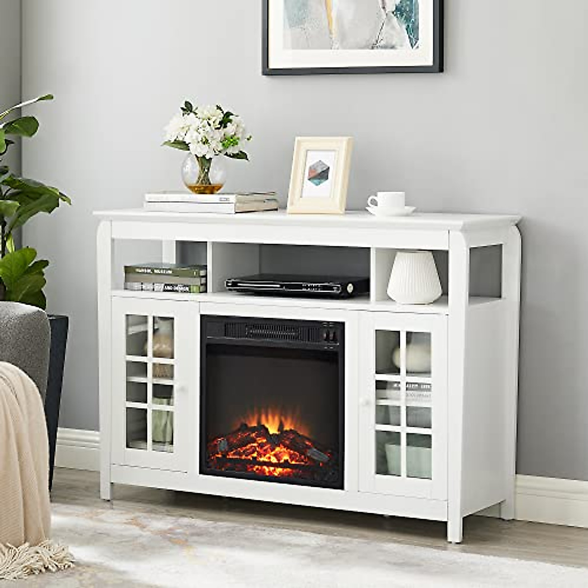 GOOD & GRACIOUS Modern Electric Fireplace TV Stand for 55 Inch TV Media Entertainment Center with 1500W Fireplace and Tempered Glass Door Tall TV Console Table for Living Room,46 Inch,Painting White