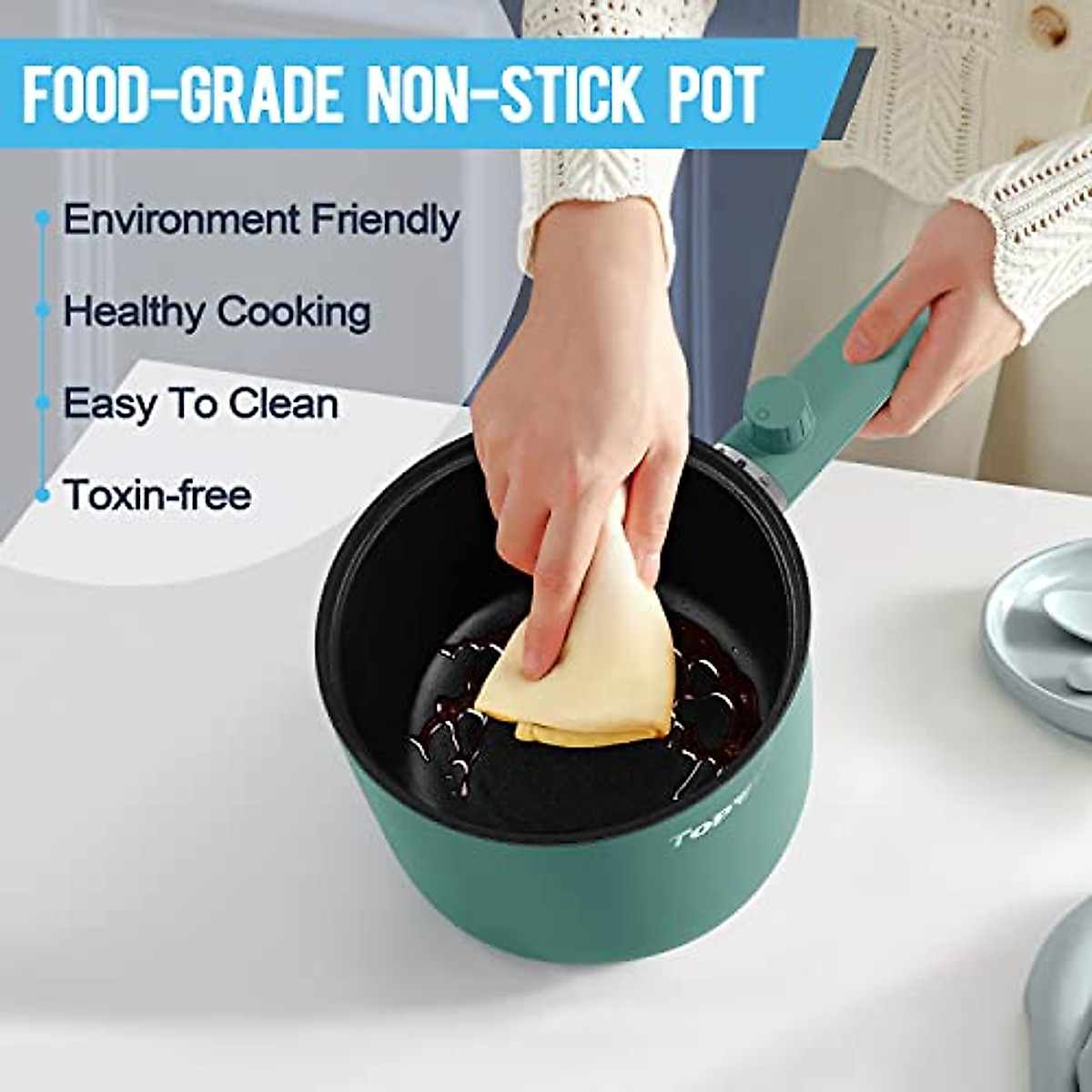 Topwit Electric Hot Pot, 1.5L Ramen Cooker, Portable Non-Stick Frying Pan, Electric Pot for Pasta, Steak, BPA Free, Electric Cooker with Dual Power Control, Over-Heating & Boil Dry Protection, Green
