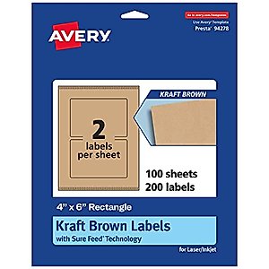 Avery Kraft Brown Rectangle Labels with Sure Feed, 4" x 6", 200 Kraft Brown Labels, Print-to-The-Edge, Laser/Inkjet Printable Labels