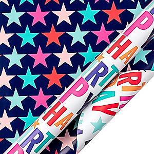 LeZakaa Reversible Birthday Wrapping Paper Roll - Happy Birthday Lettering & Star - 17 inches x 32.8 Feet (46.45 sq.ft.)