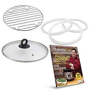 Nuwave Accessory Bundle for 6QT Nutri-Pot Digital Pressure Cooker – Genuine Parts from Original Manufacturer, Tempered Glass Lid, Cooking Rack, 3 Silicone Gaskets & 200-Recipe Cookbook