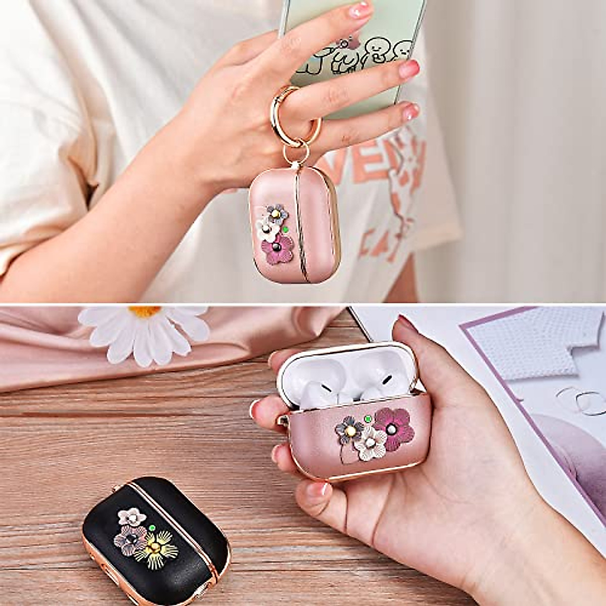 V-MORO for Airpods Pro 2nd Generation Case, Flower AirPod Pro 2 Leather Case Protective Floral Hard iPod Pro 2 Case for Women Men with Keychain for Airpods Pro 2(2022), Rose Gold