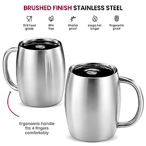 FineDine Insulated Stainless-Steel Coffee Mug with Lid and Handle (2 Pk) 14 oz - BPA-Free Spillproof Lid, Double-Wall Camping Travel Coffee Mugs, White/Black