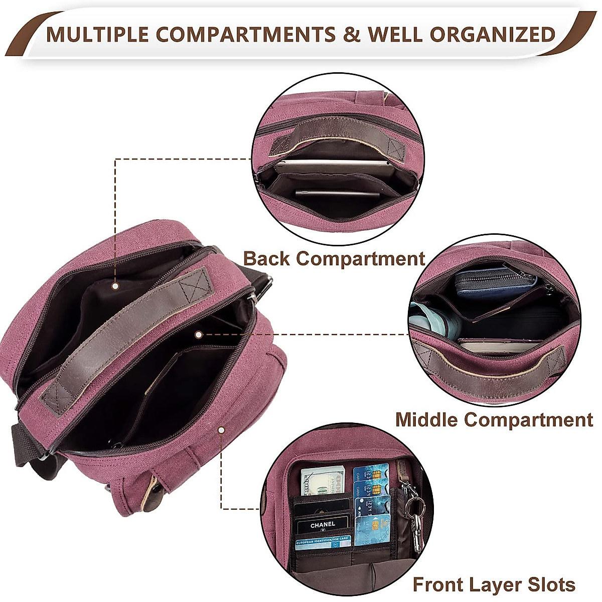 VASCHY Messenger Bag Small, Canvas Water Resistant Crossbody Shoulder Bag Purse for Women/Ladies Burgundy