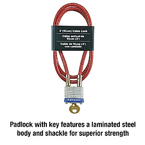 Master Lock 719D Steel Cable with Integrated Outdoor Padlock with Key, 1 Pack, Silver, 3' Long x 3/16' Diameter