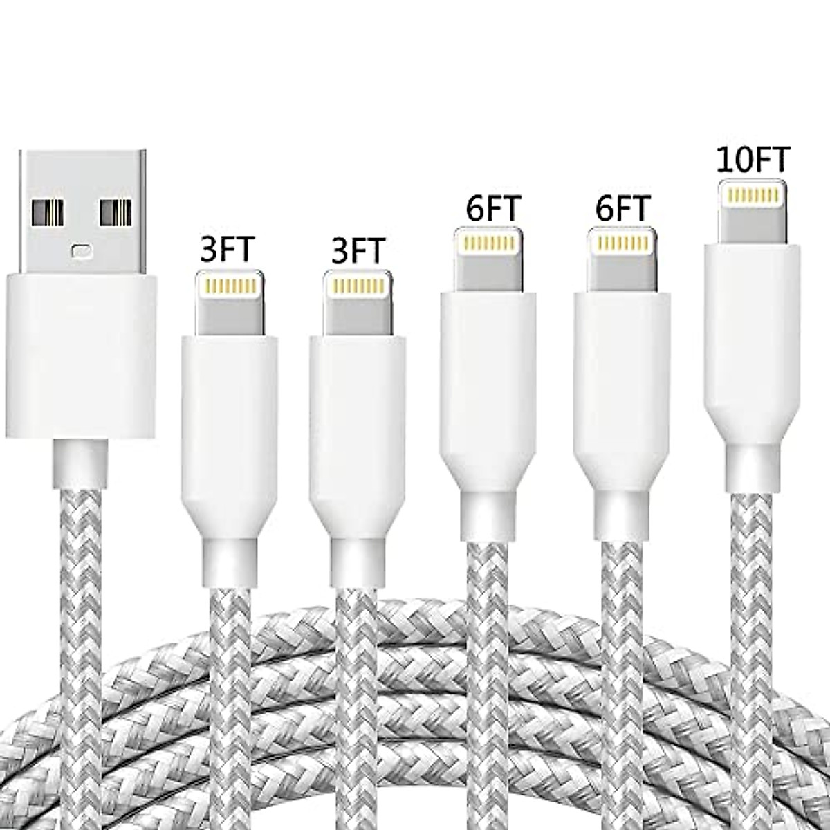 iPhone Fast Charger Cable Apple MFi Certified 5Pack White[3/3/6/6/10FT] Long Lightning Charging Nylon Braided High Speed Sync USB Cable Compatible iPhone 14/13/12/11 Pro Max/XS MAX/XR/XS/8/7/Plus/iPad