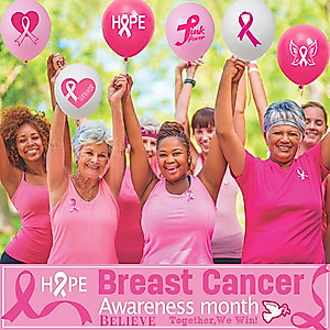 37 Pcs Breast Cancer Awareness Party Decorations Backdrop Banner Balloons Pink Ribbon Outdoor Yard Sign Hanging Banner for Breast Cancer Awareness Scene Banner Breast Cancer Charity Party Supplies