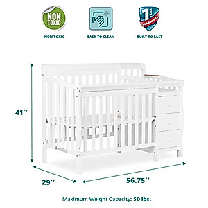 Dream On Me Jayden 4-in-1 Mini Convertible Crib And Changer in White, Greenguard Gold Certified, Non-Toxic Finish, New Zealand Pinewood, 1" Mattress Pad