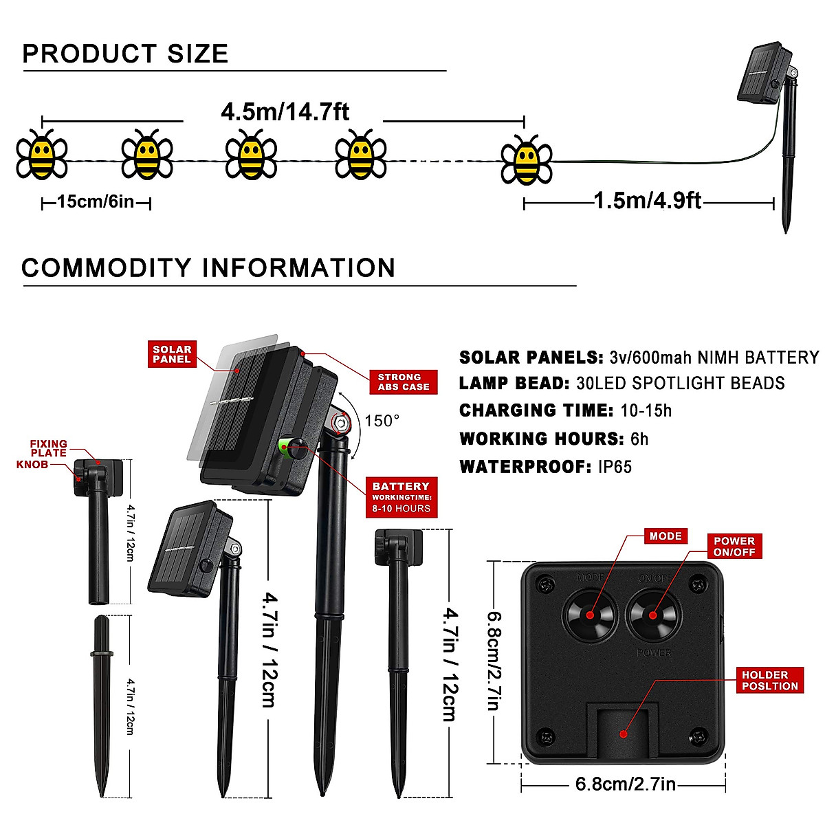 shinymolly Solar String Lights, 2 Pack 21FT 30 LED Solar Bee Fairy Lights 8 Modes Waterproof Outdoor Honeybee String Lights for Garden Patio Gate Yard Party Wedding Indoor Bedroom (Warm White)
