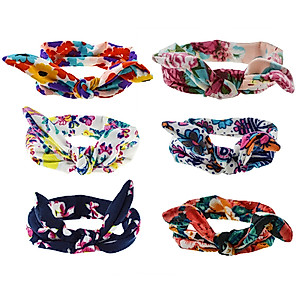 DRESHOW Boho Bow Headbands for Women Vintage Flower Printed Yoga Hairband Elastic Rabbit ear Head Wrap 6 Pack