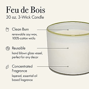 LAFCO New York 3-Wick Candle, Feu de Bois - 30 oz - 120-Hour Burn Time - Reusable, Hand Blown Glass Vessel - Made in The USA