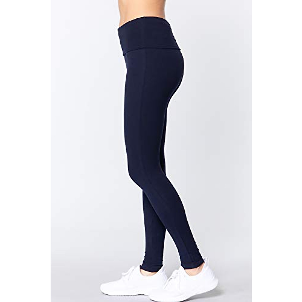 Khanomak Women's Waist Banded| Fold Over Waist & Fitted Long True Navy Yoga Pants Large
