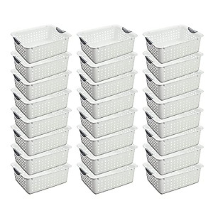 Sterilite Medium Ultra Ventilated Open Top Plastic Storage Organizer Basket with Gray Contoured Carrying Handles, White (24 Pack)