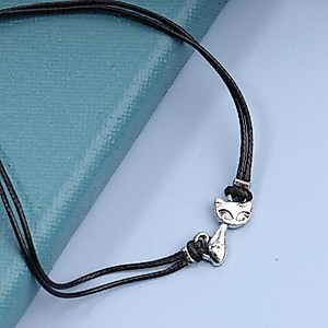 Yheakne Boho Cat Bracelet Black String Bracelet Double Strand Leather Cord Bracelet Hand Chain Jewelry for Women and Girls Cat Lover Gift