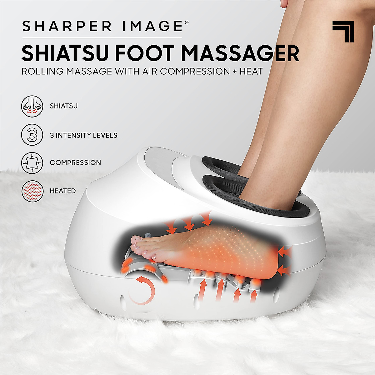 Sharper Image Shiatsu Foot Massager Rolling Massage with Air Compression, Relax Tired & Sore Toes with Heat Therapy, Adjustable Massage Levels, Fits up to Men’s 12/Women’s 14, Holiday Gift