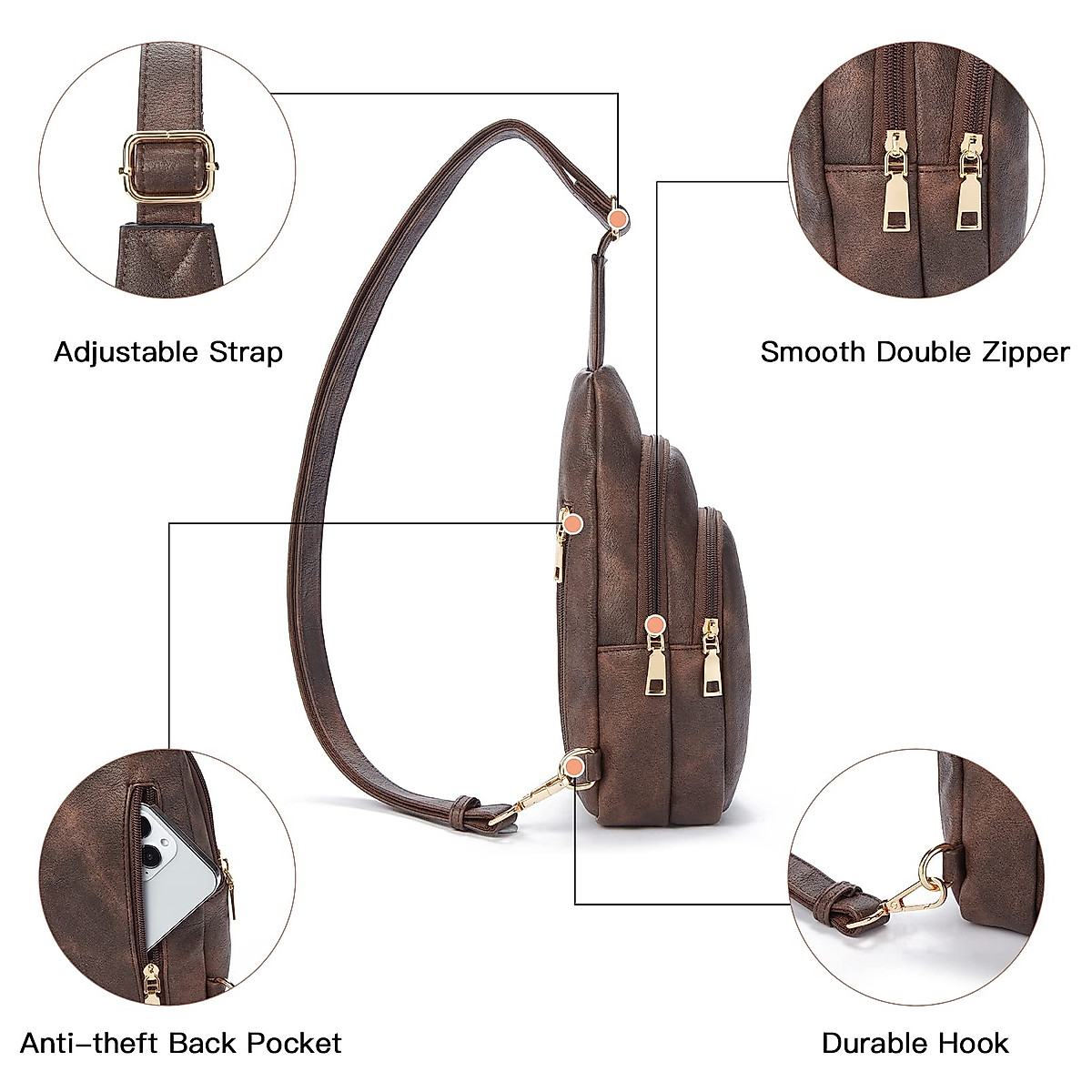 Telena Sling Bag Leather Fanny Pack Crossboday Backpack for Women Coffee