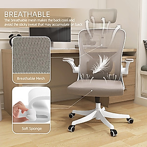 Monhey Home Office Desk Chair Office Chairs, Ergonomic Office Chair with Adjustable Headrest, Lumbar Support and Flip-up Arms, Computer Chair Khaki Mesh Chair for Home Office