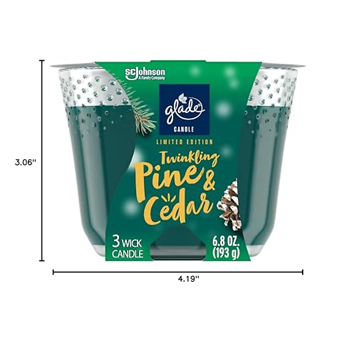 Glade Candle Twinkling Pine & Cedar, Fragrance Candle Infused with Essential Oils, Air Freshener Candle, 3-Wick Candle, 6.8 Oz