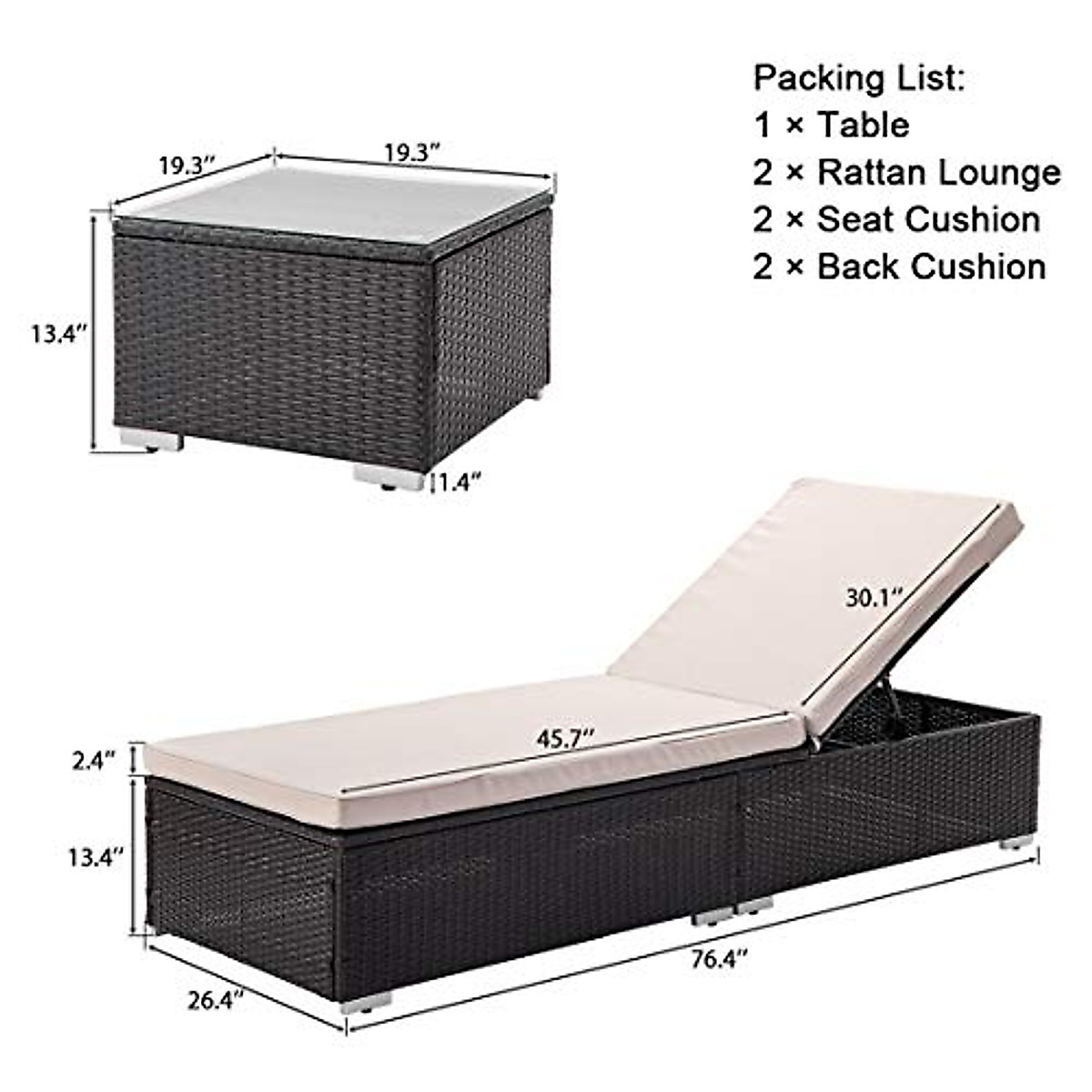 3 Pieces Outdoor Patio PE Wicker Chaise Lounge Set, Rattan Furniture Set with Matching Table, Adjustable Reclining Lounge Chairs with Cushions