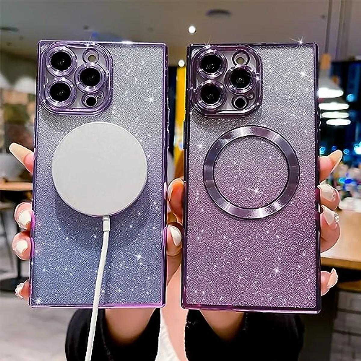 VirgoCCY for iPhone 14 Pro Max Case, Compatible with MagSafe, Full Protection Magnetic Glitter Case, Luxurly Cute Plated Bling Sparkly Phone Cases for iPhone 14 Pro Max for Women Girls, Purple