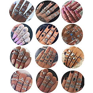 LOYALLOOK 132PCS Bohemia Knuckle Ring Set Women Hollow Silver Fashion Finger Rings Vintage Stackable Knuckle Midi Rings Set, Boho