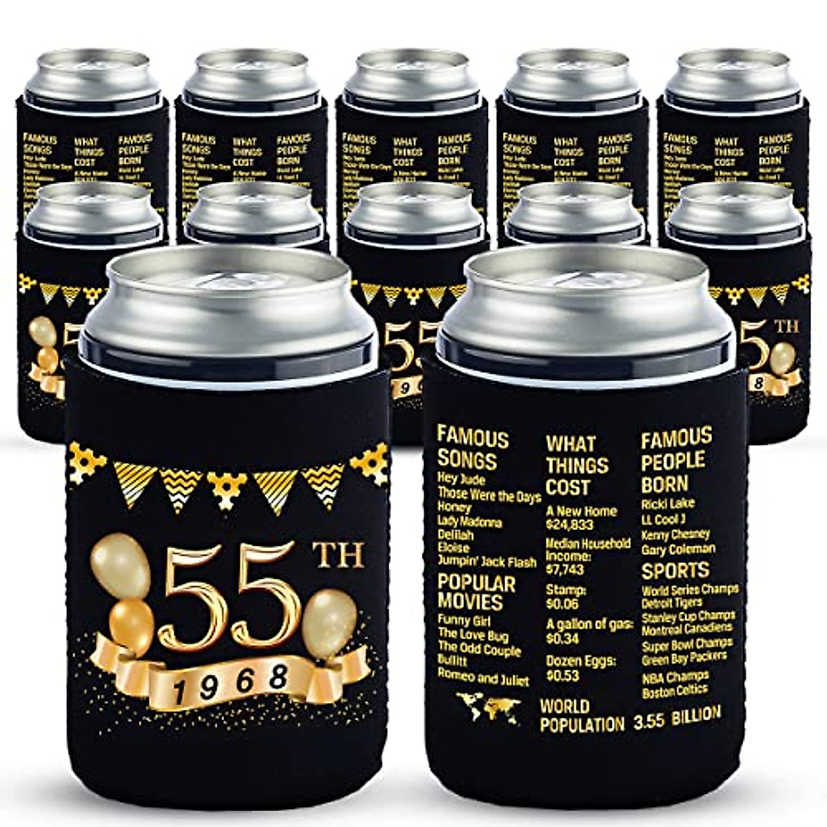 Yangmics 55th Birthday Can Cooler Sleeves Pack of 12-55th Anniversary Decorations- 1968 Sign - 55th Birthday Party Supplies - Black and Gold the fifty-fifth Birthday Cup Coolers
