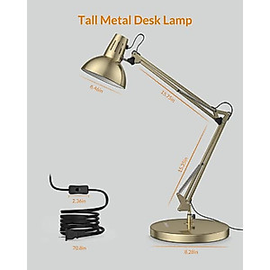 LEPOWER Metal Desk Lamp, Adjustable Goose Neck Architect Table Lamp with On/Off Switch, Swing Arm Desk Lamp with Clamp, Eye-Caring Reading Lamp for Bedroom, Study Room &Office (Brass)