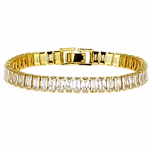 Apzzic 7mm Bling Iced Out Cubic Zirconia Baguette Diamond Hip Hop Gold Plated Tennis Chain Bracelet for Men Women Gold 7Inch