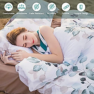 MILDLY Duvet Cover Queen Size 100% Egyptian Cotton Gradient Teal Leaves Plant Pattern Comforter Cover Ultra Soft & Breathable Unique Design Farmhouse Bedding Set (1 Queen Duvet Cover + 2 Pillow Shams)
