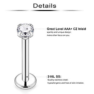 Ftovosyo Forward Helix Earring 16G 12PCS Surgical Steel Tragus Conch Cartilage Earring Stud Barbell Body Piercing Jewelry for Women Men 6mm Silver-Tone Clear Diamond CZ Opal