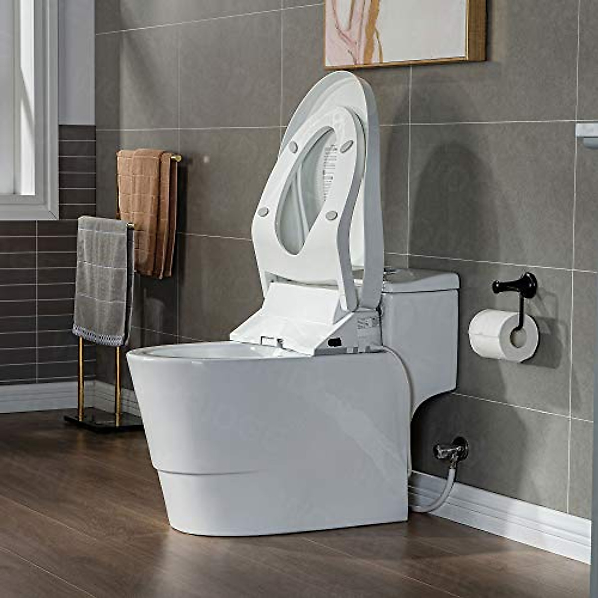 WOODBRIDGE White Luxury, Elongated One Piece Advanced Bidet, Smart Toilet Seat with Temperature Controlled Wash Functions and Air Dryer T-0737