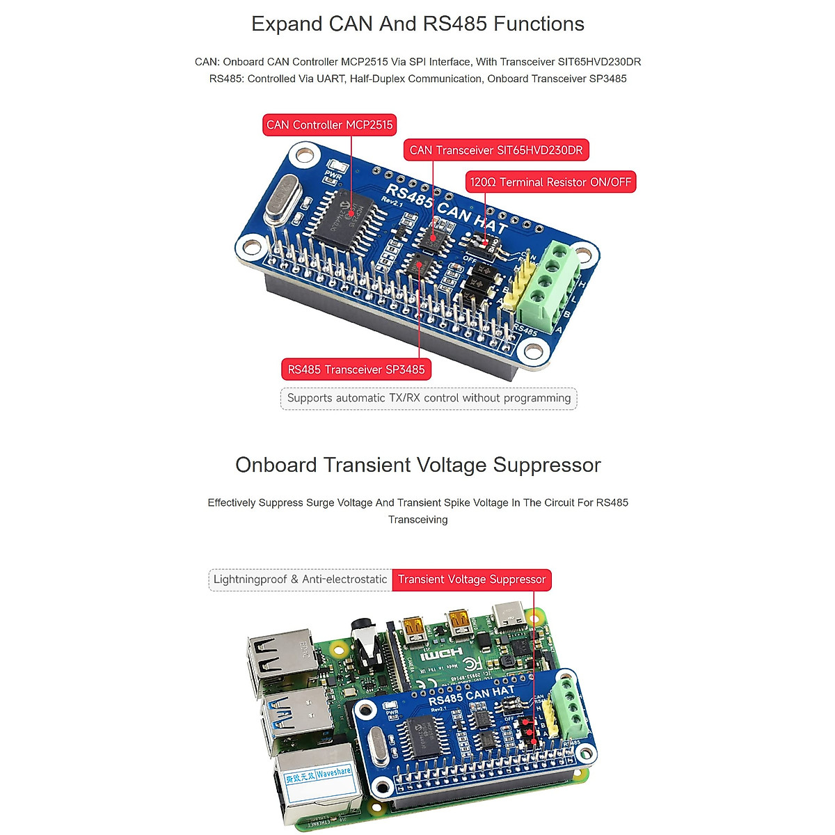 RS485 CAN HAT Stably Long-Distance Communication Functions UART Controlled SPI Interface for Raspberry Pi Zero W WH 2 3 4 Model B B+ @XYGStudy