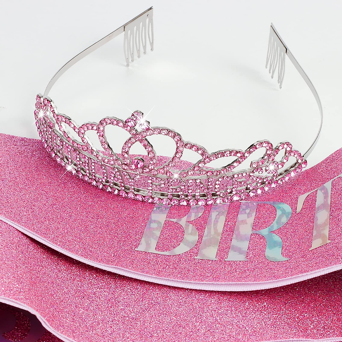 CIEHER Pink Princess Birthday Crown and Birthday Sash Set, Birthday Girl Crown Birthday Tiara for Women Birthday Decorations for Girls Rhinestone Princess Party Decorations Birthday Gifts