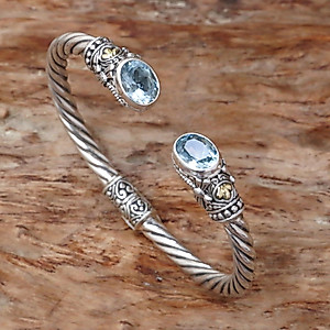 NOVICA Artisan Handmade Gold Accented Blue Topaz Cuff Bracelet from Indonesia [18 in L 2 mm W Pendant(s) 1.3 in L x 0.9 in W x 0.2 in D] ' Dragonfly Den in Blue'