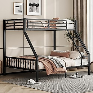 miscoos Twin XL Over Queen Bunk Bed, Heavy Duty Bunk Bed with PVC Rubber Cover Ladder and Full-Length Guardrails, Metal Queen Bed Frame with Slats Support for Adults, Teens, Kids, Black