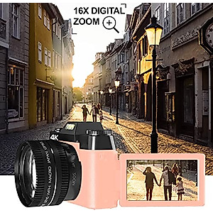 eDealz 4K 48MP Digital Camera Kit Photography Vlogging Camera for YouTube with Flip Screen, WiFi, Wide Angle & Macro Lens, 64GB Micro SD Card, 12" Flexible Tripod, Carrying Case, Card Reader (Pink)