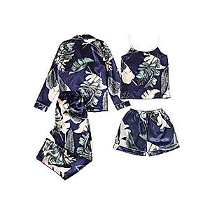 LYANER Women's Pajamas Set 4 pcs Satin Silk Cami Top Button Down Loungewear Pjs Set Navy Small