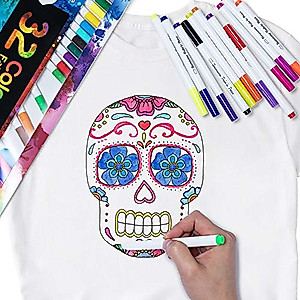 sunacme Fabric Markers Pen, 32 Colors Permanent Fabric Paint Pens Art Markers Set - Fine Tip, Child Safe & Non- Toxic for Canvas, Bags, T-Shirts, Sneakers