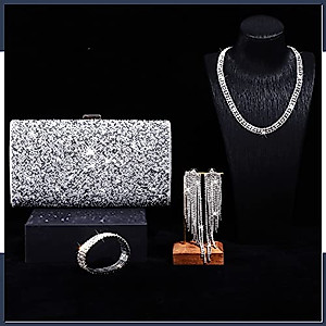Jadive 4 Pcs Rhinestone Clutch Purses for Women Evening, Prom Purse Sparkly Bag Diamond Purse Handbag Glitter Evening Bag Jewelry Set for Formal Prom Parties Cocktail Banquet Wedding (Silver)