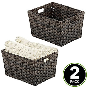 mDesign Wide Rectangular Woven Braided Rope Home Storage Baskets with Handles - for Organizing Closet, Bedroom, Bathroom, Living Room, Entryway, Office - 8.25" High, 2 Pack - Espresso Brown