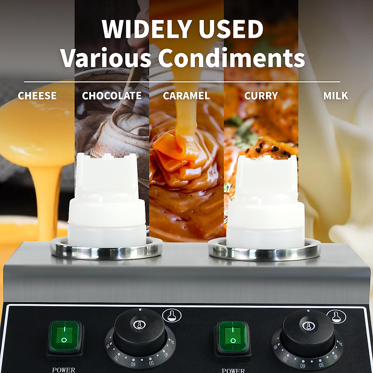 XXUNYNUIN Electric Cheese Sauce Warmer Commercial Hot Fudge Warmer and Nacho Cheese Warmer Dispenser with 86-185 ℉ Adjustable Sauce Warmer Dispenser with 650ml Squeeze Bottle*2