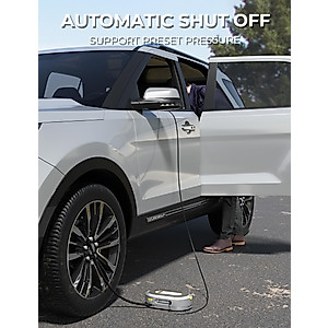 Giraffe Tools Retractable Tire Inflator Portable Air Compressor 150 PSI with Pressure Gauge 12 v Air Compressor Tire Inflator with Power Cord, Auto Shut-off and Emergency LED Light, Auto Rewind