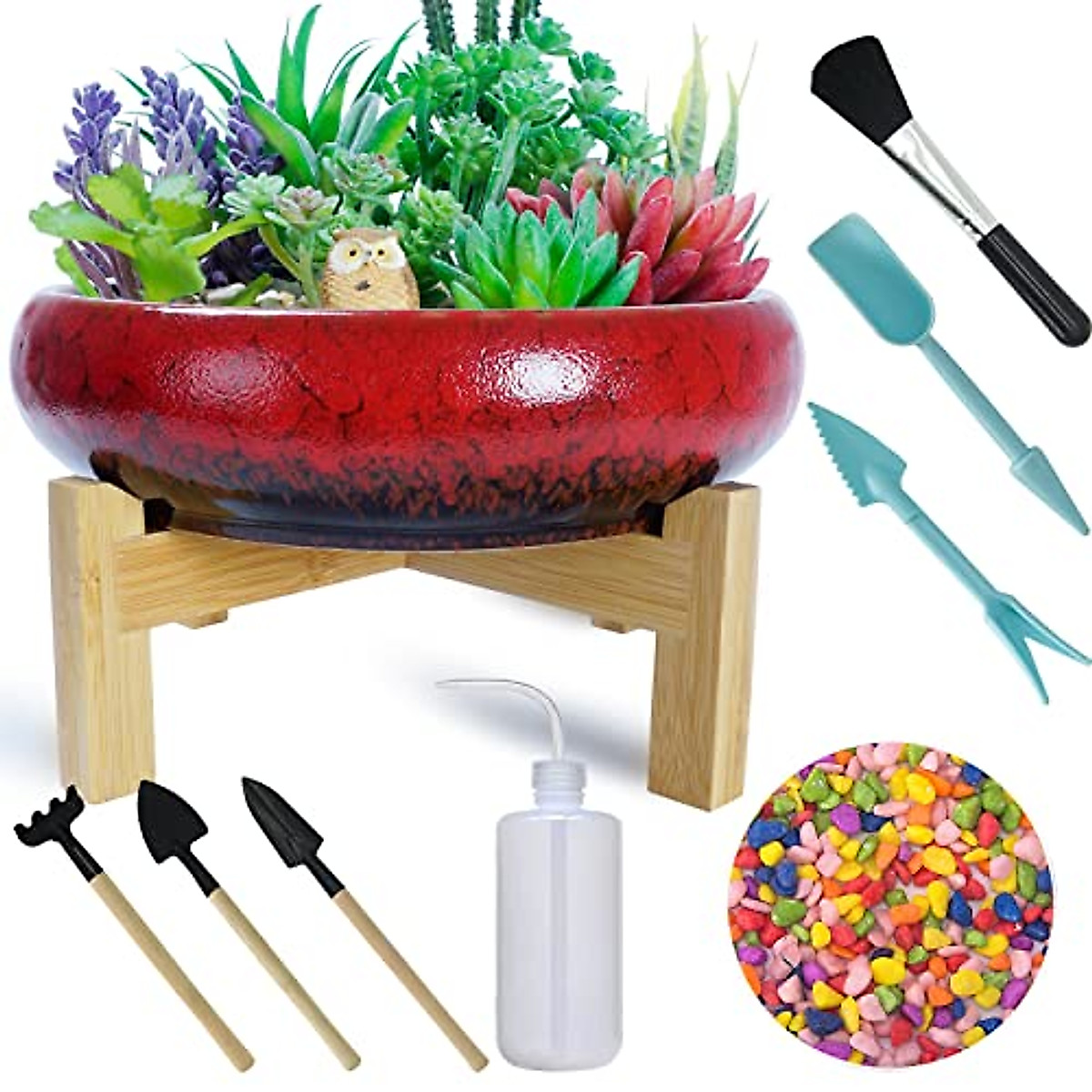 Succulent Pots with Drainage, Large Succulent Planters with 2.2lb Mini Rainbow Gravel Pebbles, Planting Tools Set for Beginner, Shallow Bonsai Pot with Stand Ceramic Cactus Flower Plant Container Bowl
