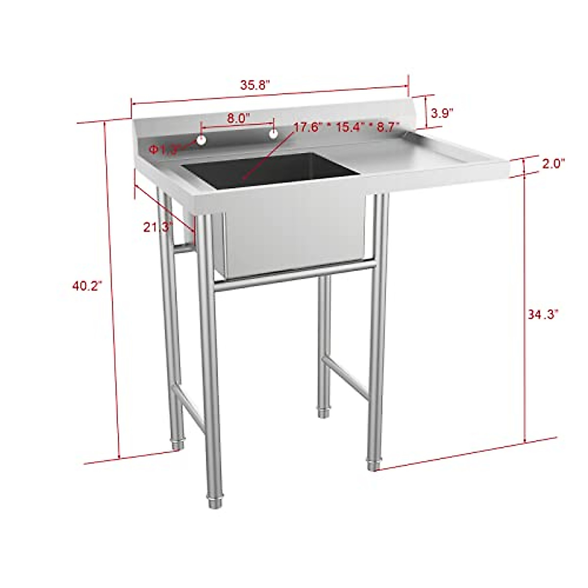 Bonnlo 304 Stainless Steel Utility Sink with Drainboard, One Compartment Workbench Sink Commercial Sink for Restaurant, Laundry Room, Backyard, Garages - Overall Size: 35.8" W x 21.3" D x 40.2" H