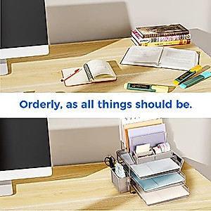 DESIGNA Stackable Mesh Desk Organizer with 3 Sliding Letter Trays 4 File Holders 2 Side Compartments & Pencil Holder Non-slip All In One Desktop Accessories Organizers Office Storage, Champagne