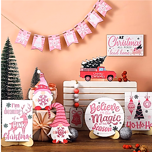 Pink Christmas Decoration, Christmas Tiered Tray Decor 15 Pcs Pink Christmas Ornaments Farmhouse Rustic Decor Christmas Gnome Truck Snowflake Wooden Sign for Christmas Centerpiece Table Party Holiday